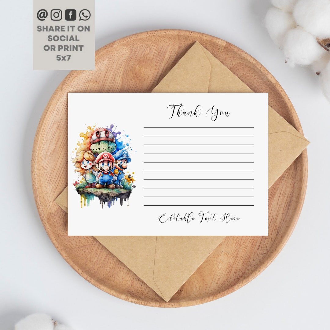 Super Mario Birthday Thank You Card, Super Mario Party Birthday, Mario ...