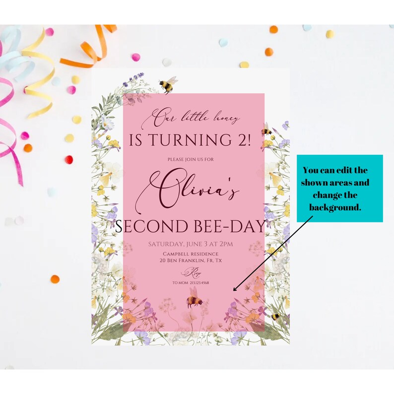 Honey Bee Second Birthday Invitation, Floral Bee 2nd Birthday Invite ...