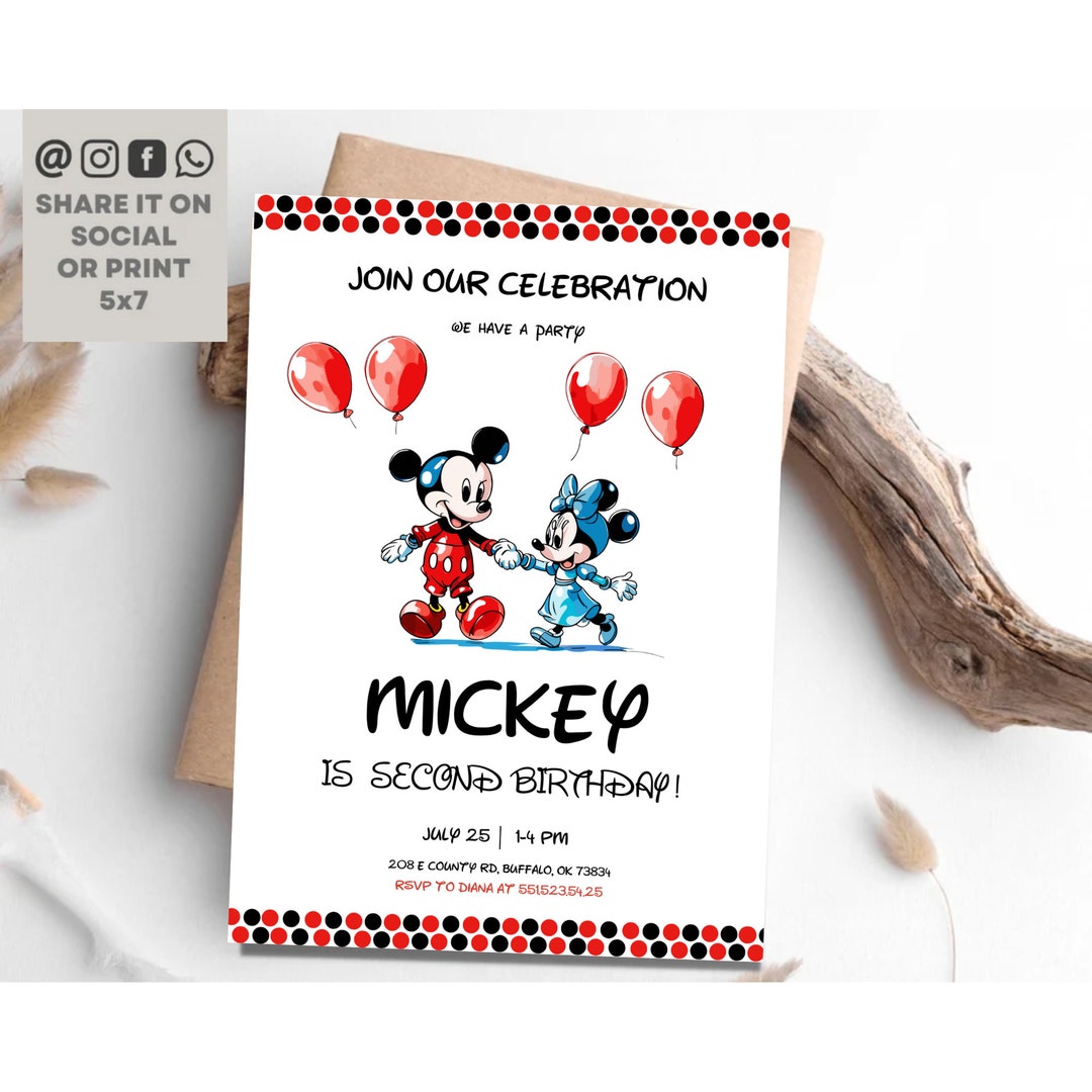 Mickey Mouse 2nd Birthday Invitation, Minnie Mouse 2nd Birthday ...