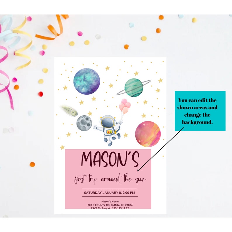 Editable Outer Space First Birthday Invitation Galaxy Blast off First ...