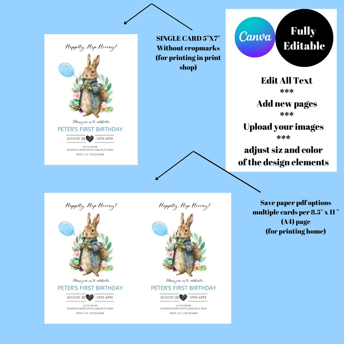 Peter Rabbit Birthday Invitation, Boy Blue Rustic Peter Rabbit 1st ...