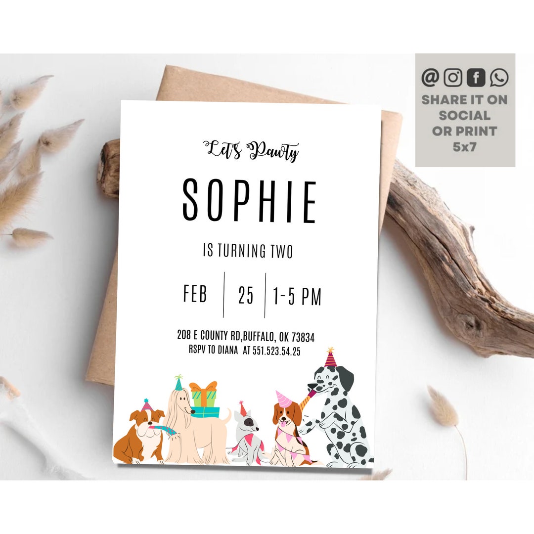 Dog Birthday Party Invitation, Puppy Birthday Invite, Pink Girl Pawty ...