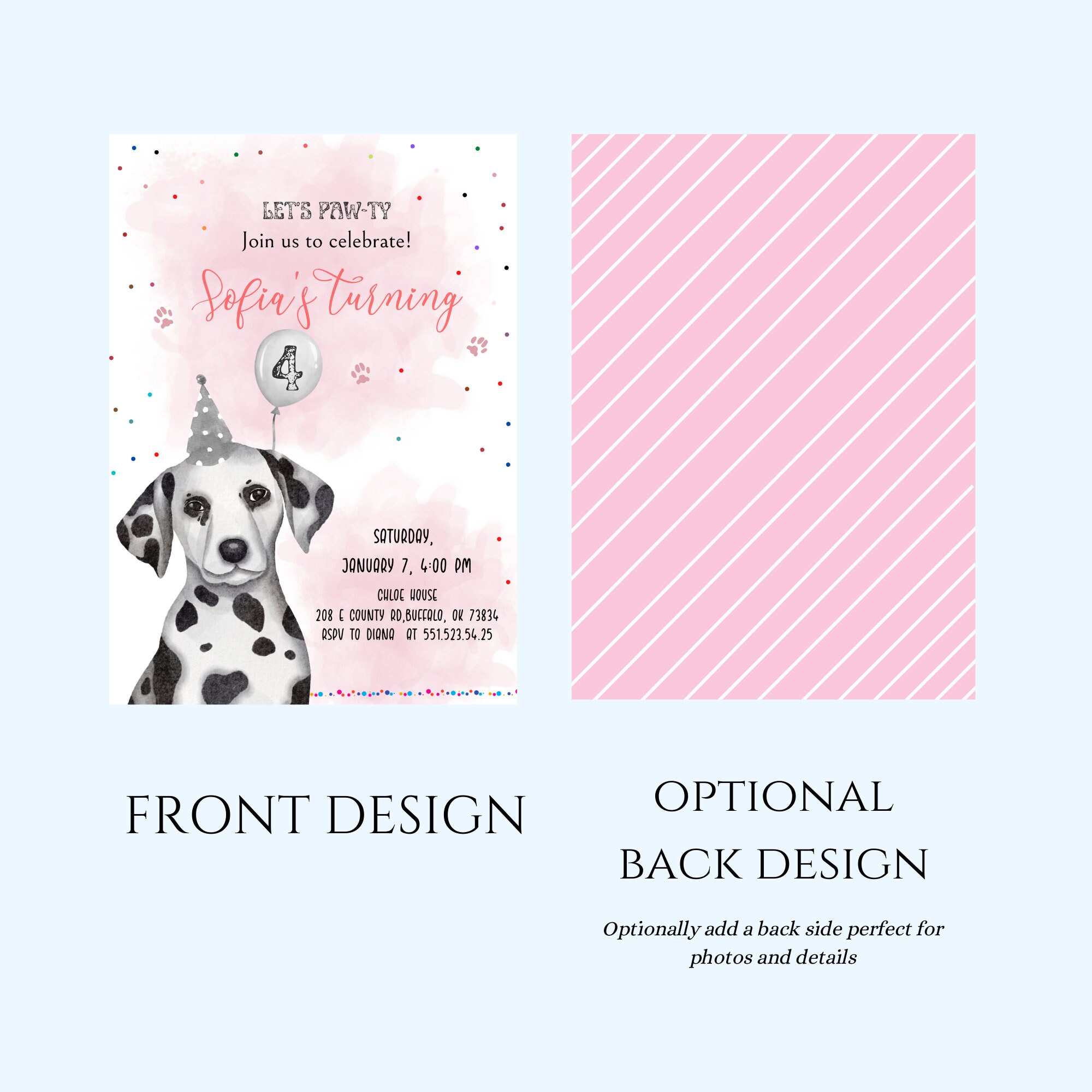 Dog Birthday Party Invitation Dalmatian Birthday Invite Pink - Etsy
