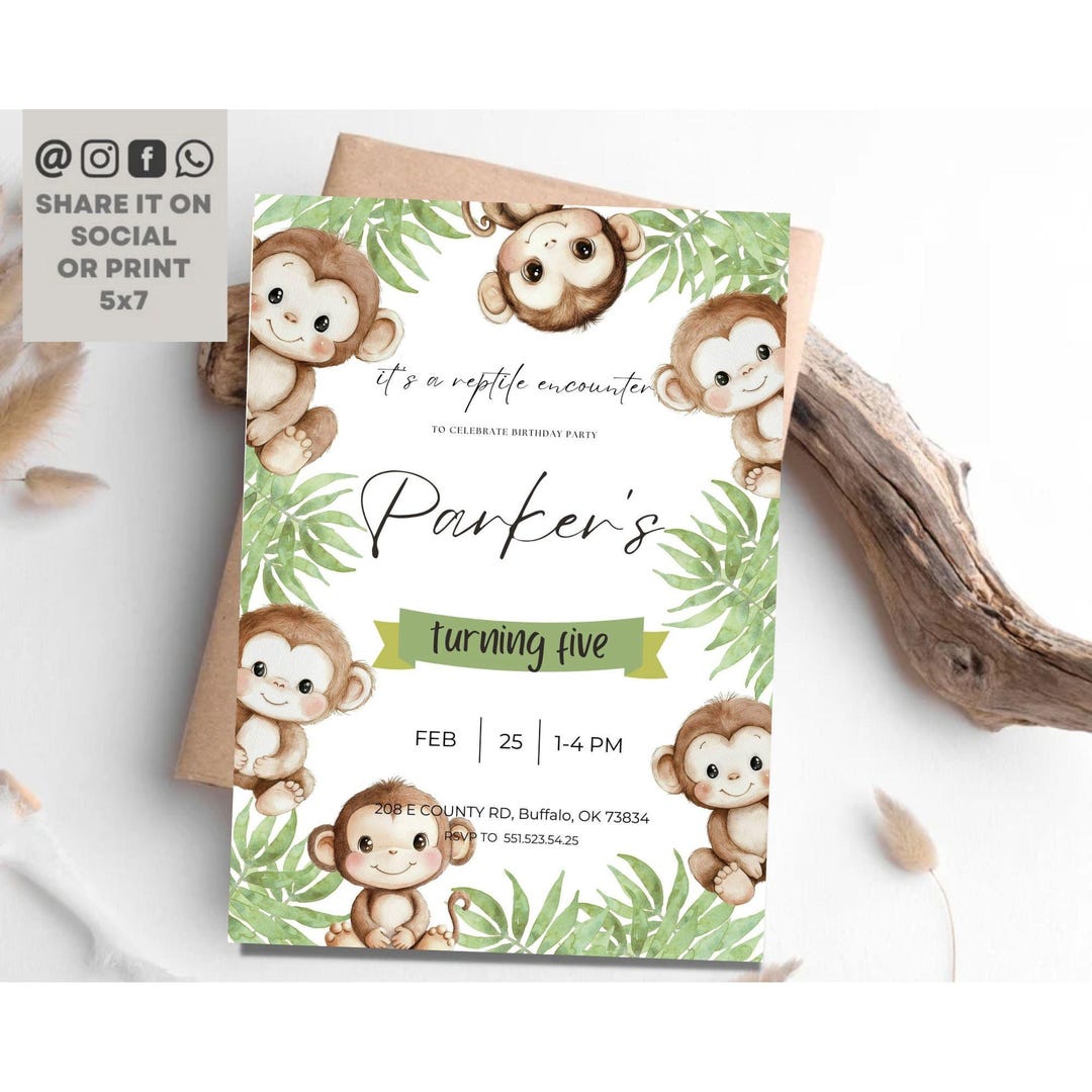 Monkey Birthday Invitation, Monkey Jungle Party Invitation, Greenery Monkey Birthday Invitation ...