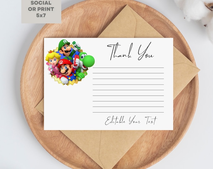 Mario Themed Thank You Card Template, Editable Super Mario Birthday Thank You Card, Super Mario ...