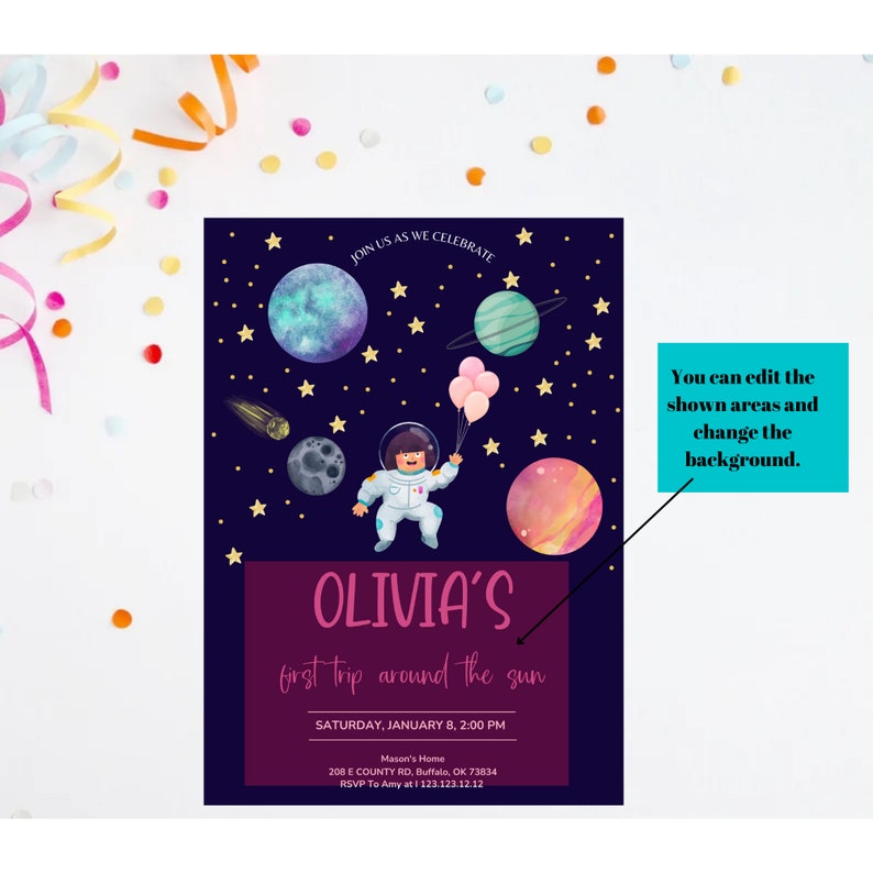 Editable Outer Space Girl First Birthday Invitation Galaxy Blast off ...