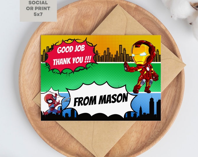 Superhero Thank You Card Template, Superhero Party Card, Superheroes ...