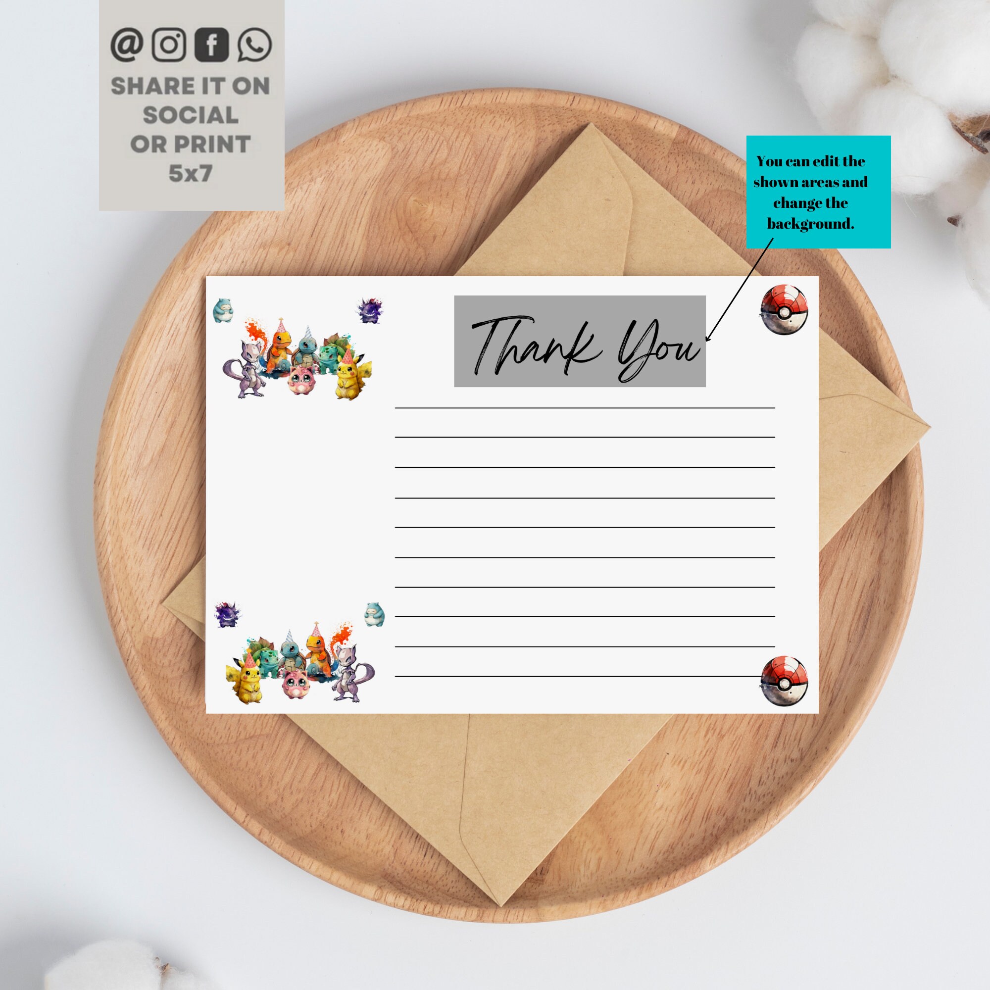 Pokemon Thank You Card, Pokemone Birthday Party Thank You Card, Pikachu ...