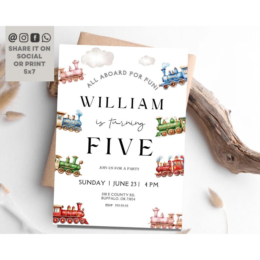 Vintage Train Birthday Invitation, Red Pink Blue Green Train Birthday ...