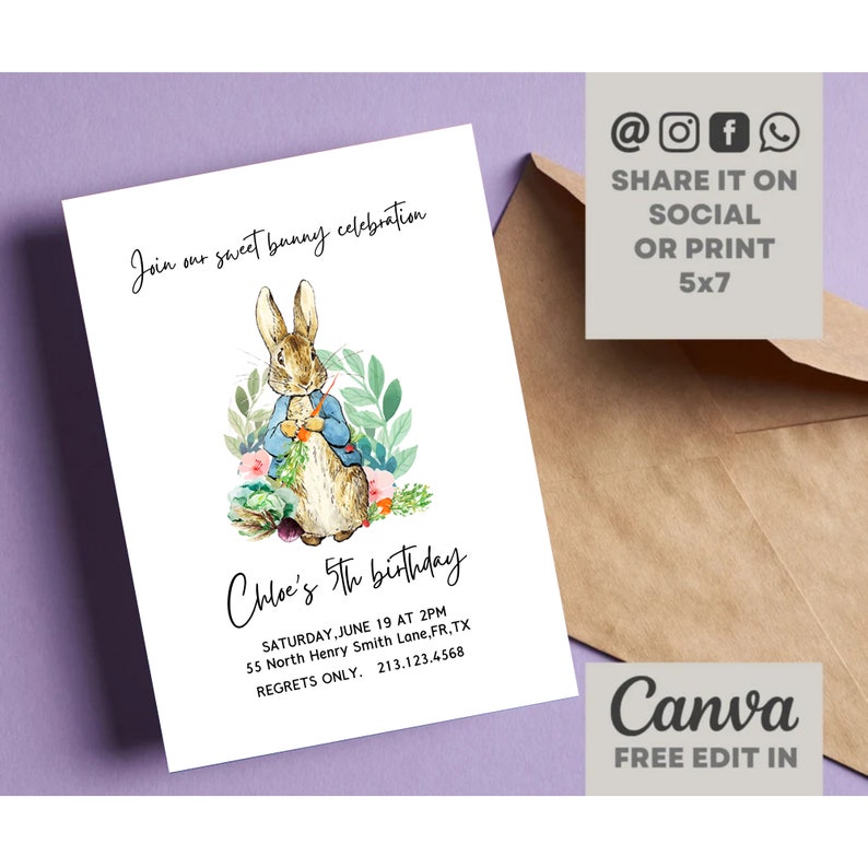 Peter Rabbit First Birthday Invitation Editable Invite - Etsy