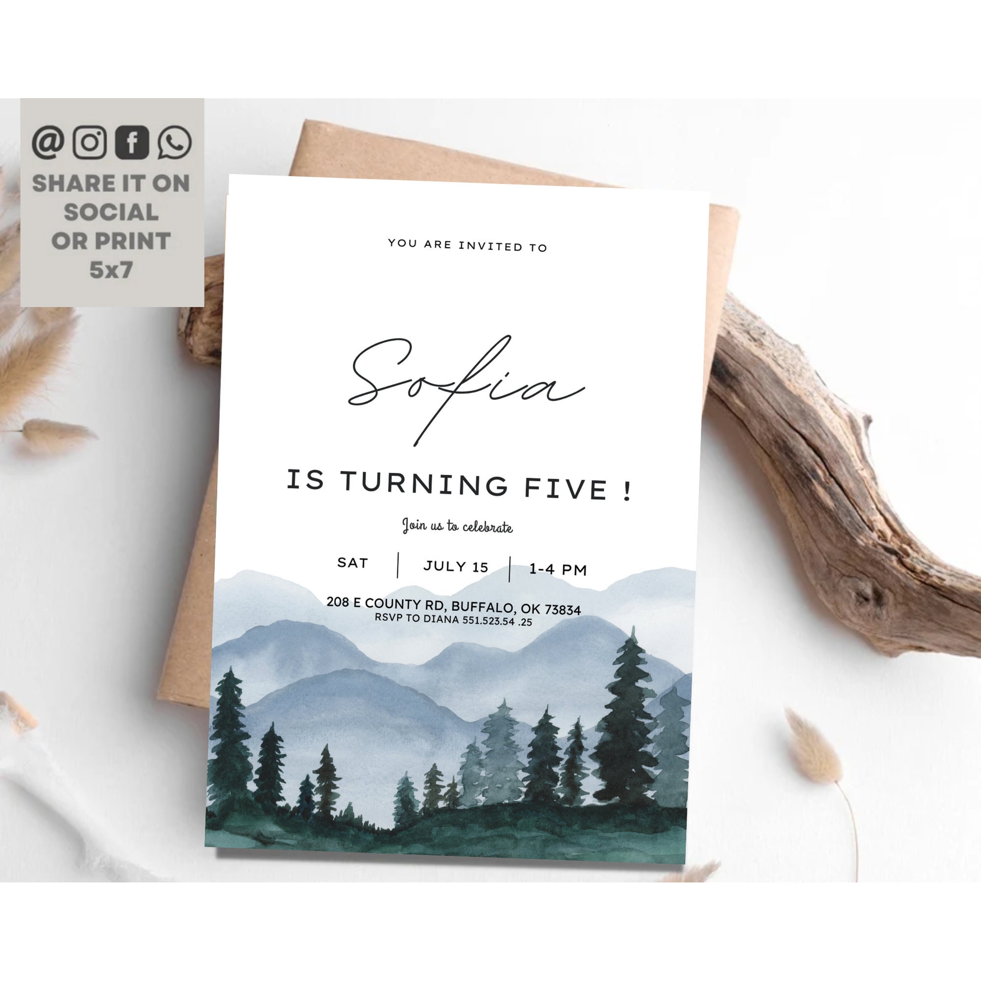 Forest Mountain Birthday Invitation, Adventure Mountain Forest Pinetree ...