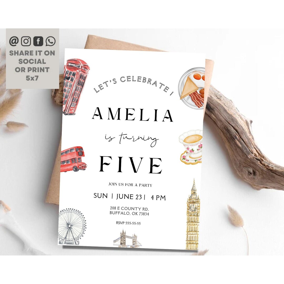 London Birthday Invitation, London Tea Birthday Party Invitation ...