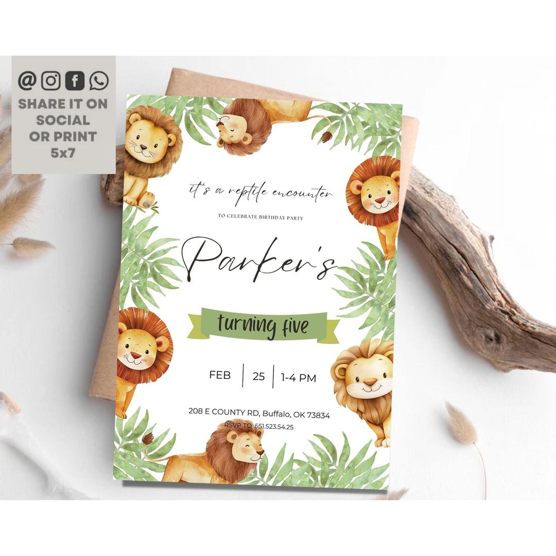 Lion Birthday Invitation, Lion Jungle Party Invitation, Greenery Lion ...