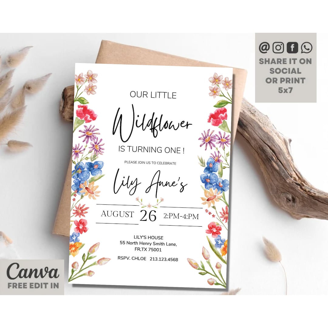 Wildflower Garden Birthday Invitation Template, Wildflower One Birthday ...