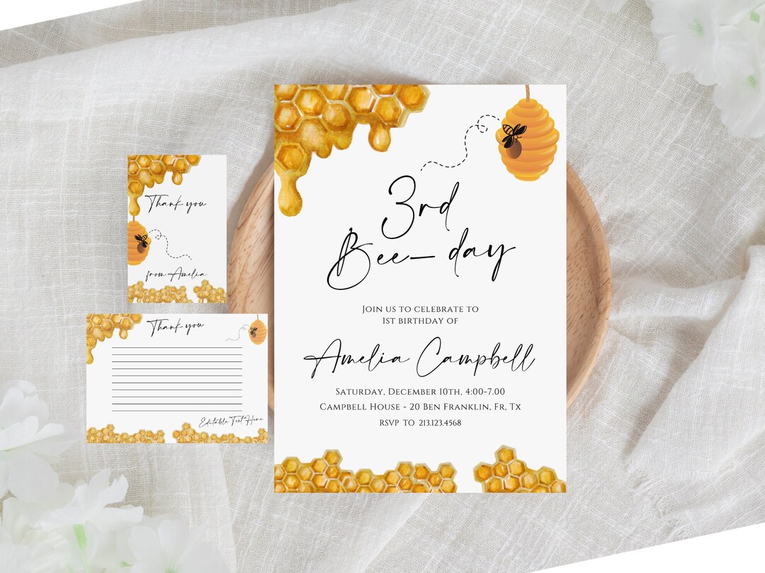 Honey Bee Third Birthday Invitation, Bee 3rd Birthday Invite, 3rd Bee Day Invitation, Girl Boy ...