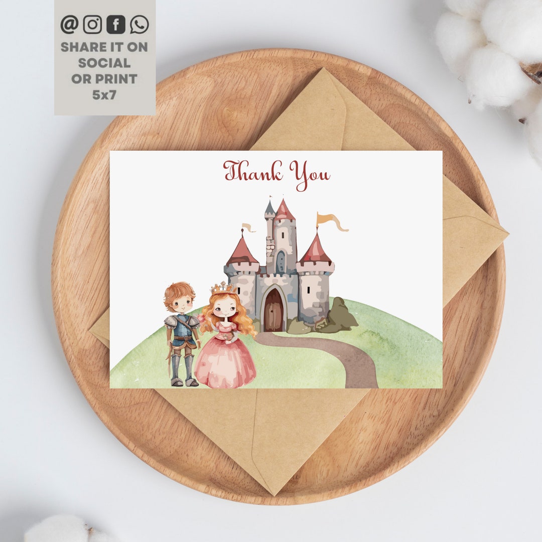 Princess and Knight Birthday Thank You Card, Princess Royal Party Party ...