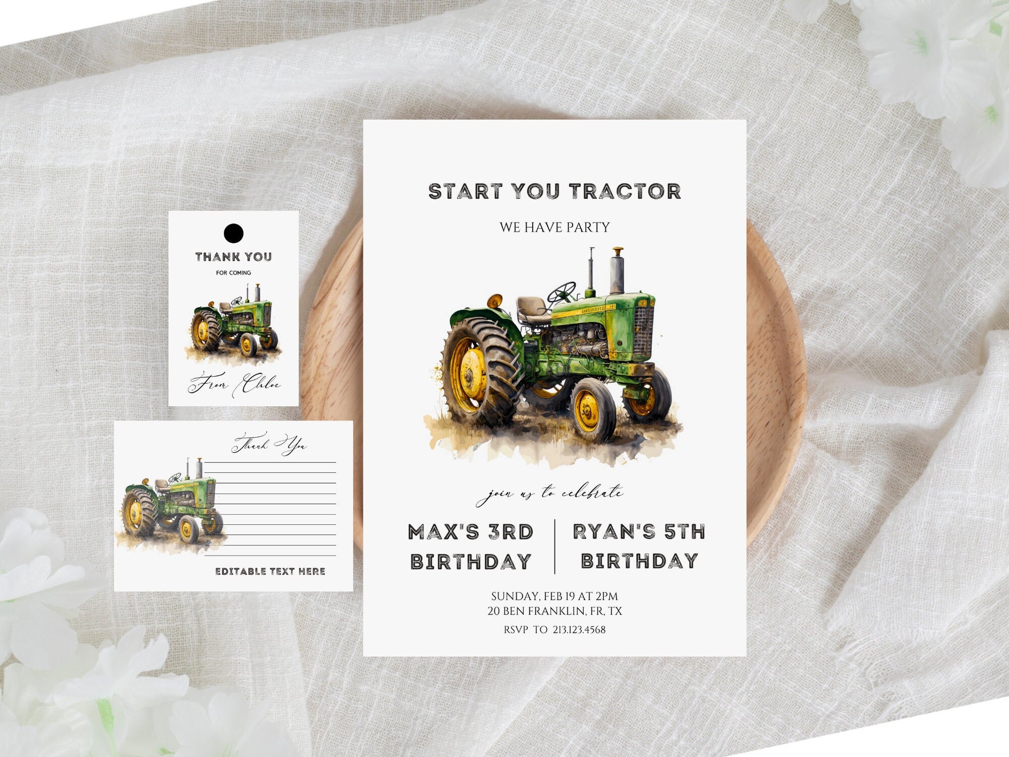 Tractor Sibling Birthday Invitation, Green Tractor Invitation, Green ...