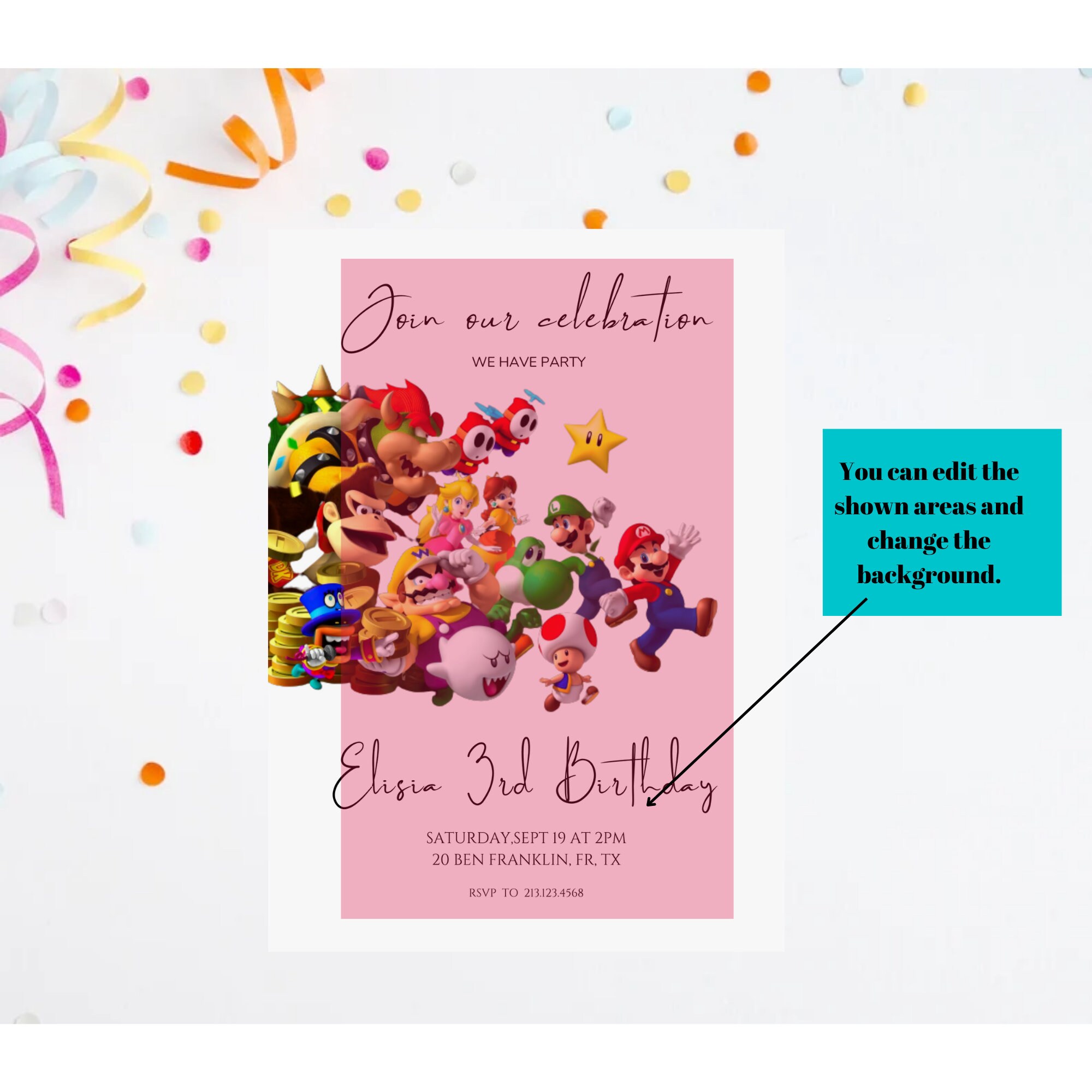 Super Mario Third Birthday Invitation, Super Mario 3rd Birthday Invite ...