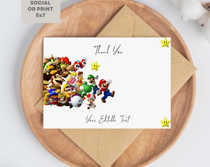 Mario Themed Thank You Card Template, Editable Super Mario Birthday Thank You Card, Super Mario ...