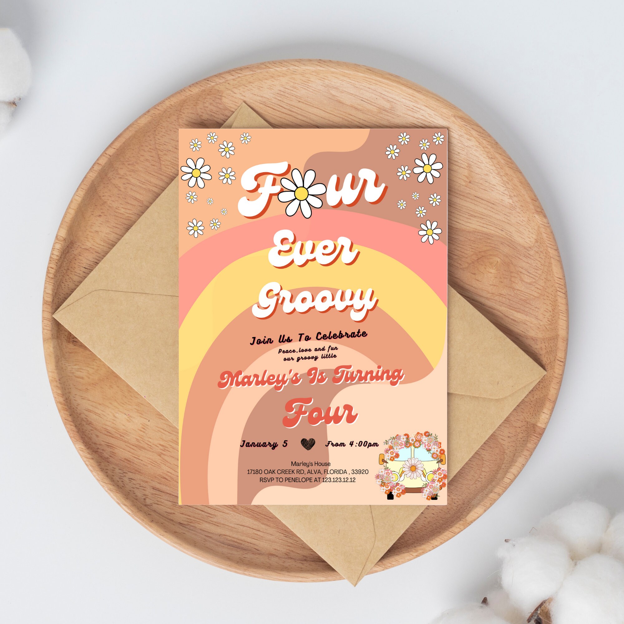 Four Ever Groovy Birthday Invitation 4th Birthday Boho Retro - Etsy