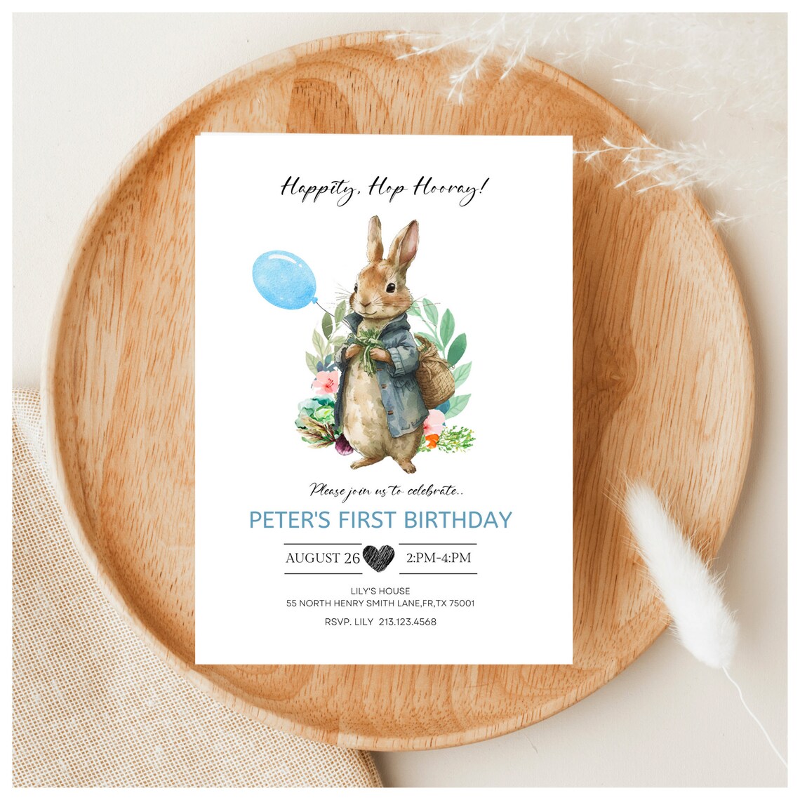 Peter Rabbit Birthday Invitation, Boy Blue Rustic Peter Rabbit 1st ...