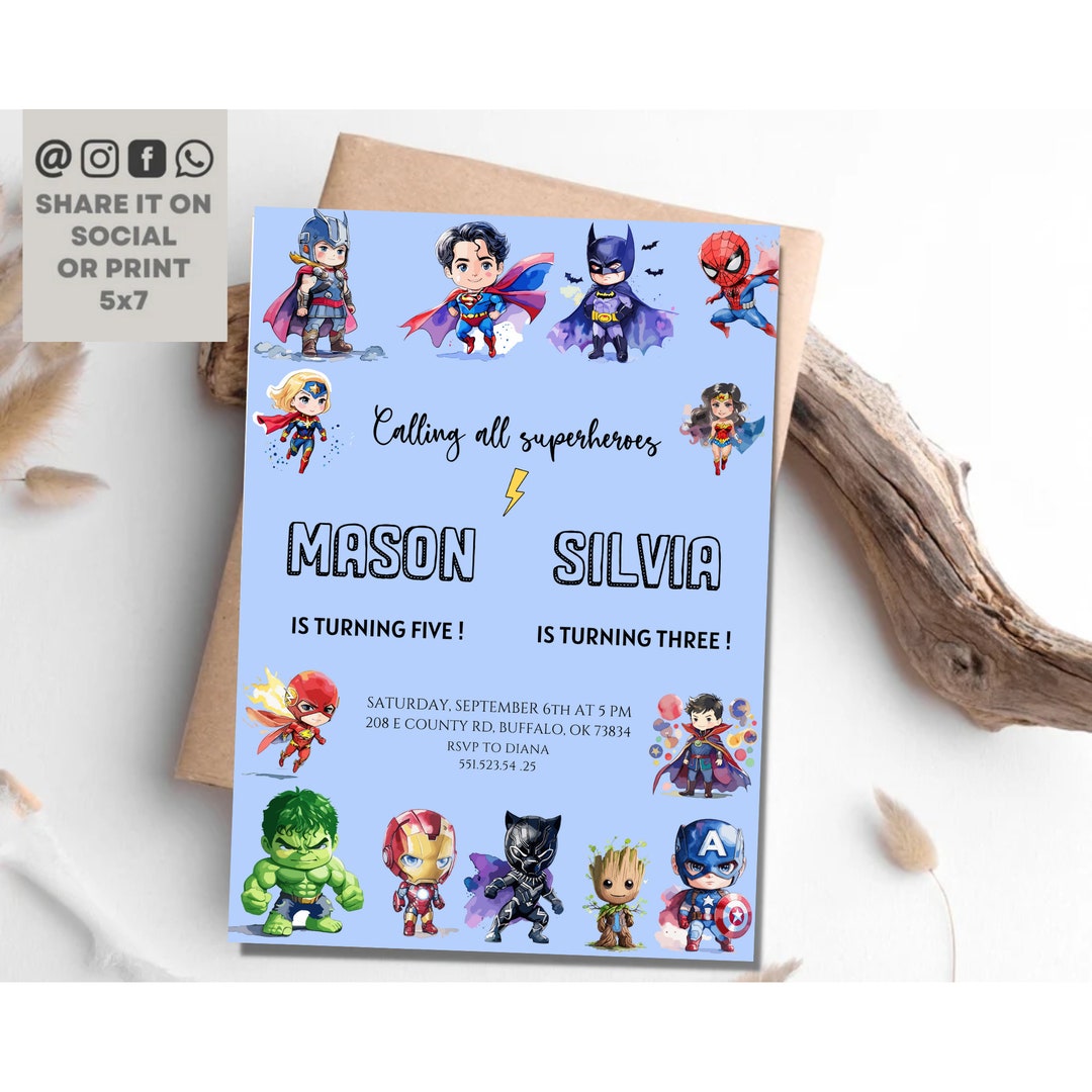 Superhero Sibling Birthday Invitation, Superhero Birthday Invite, Super ...