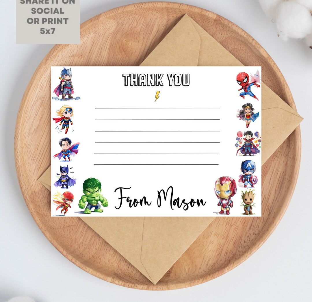 Superhero Thank You Card, Superhero Party Thank You Card Template ...