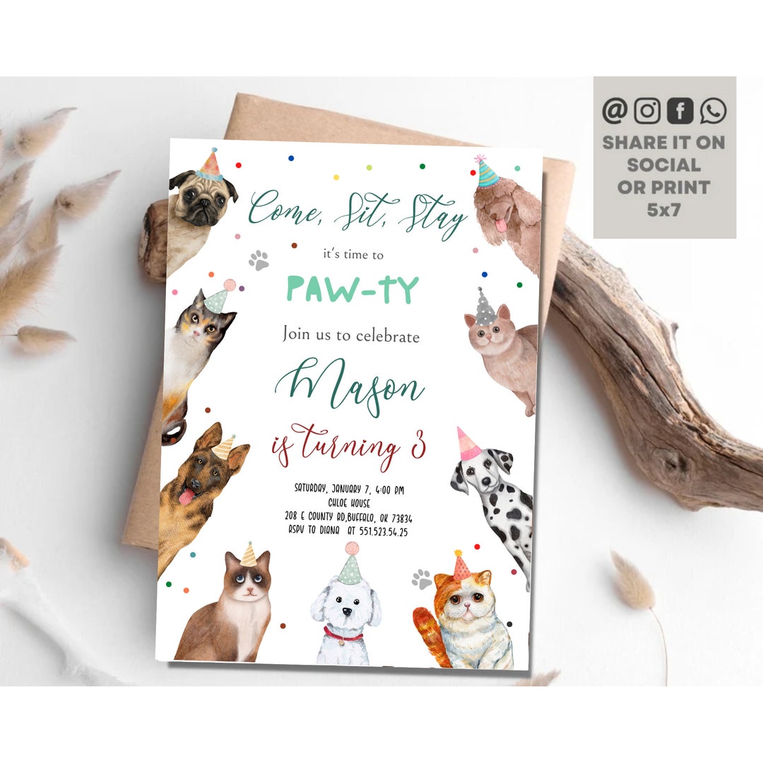 Cats and Dogs Birthday Invitation Cat Dog Birthday Party Invite Boy ...