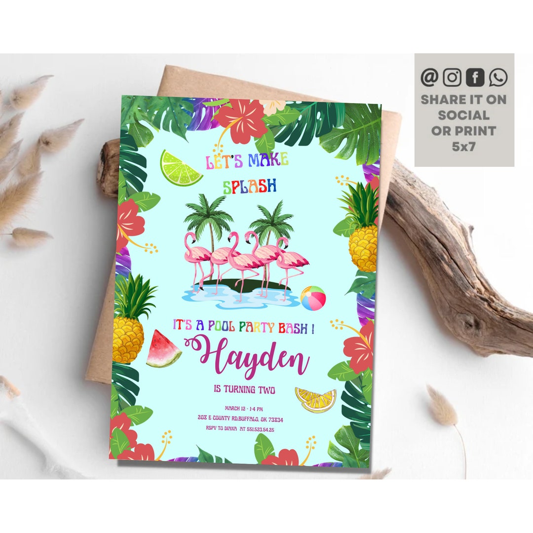 Flamingo Pool Party Invitation, Editable Summer Birthday Invite ...