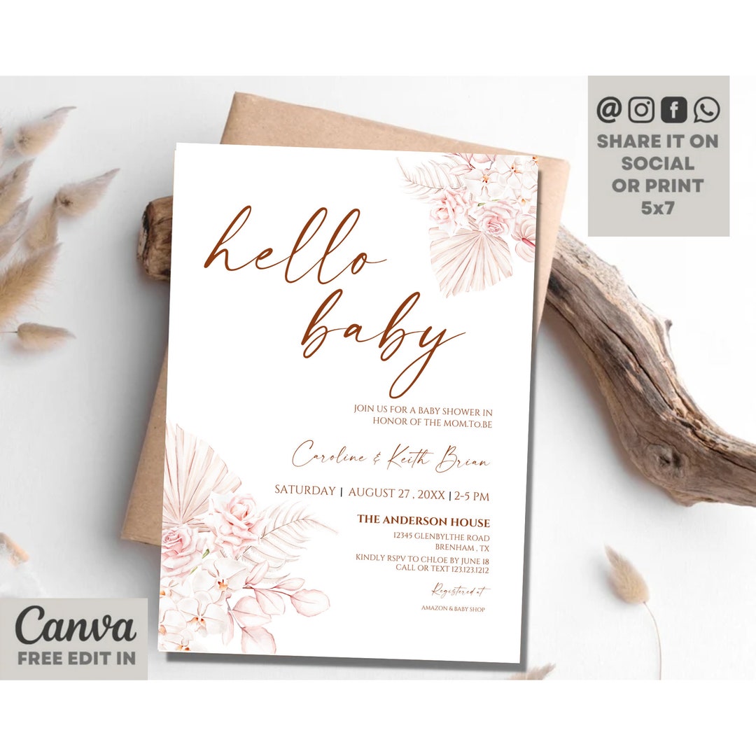 Hello Baby Invitation, Baby Shower Invitation Template, Pampas Baby ...