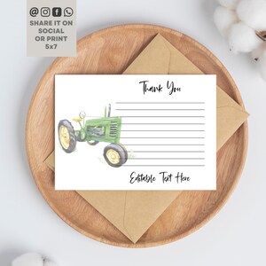 Tractor Birthday Thank You Card Green Tractor Birthday Party - Etsy