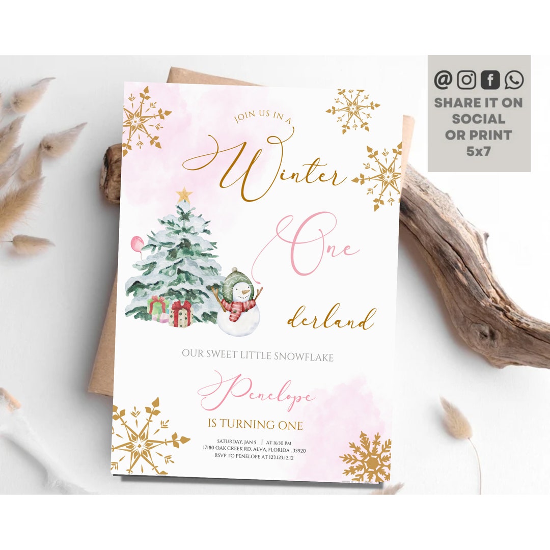 Winter Onederland Birthday Invitation, First Birthday Girl Pink Golden ...
