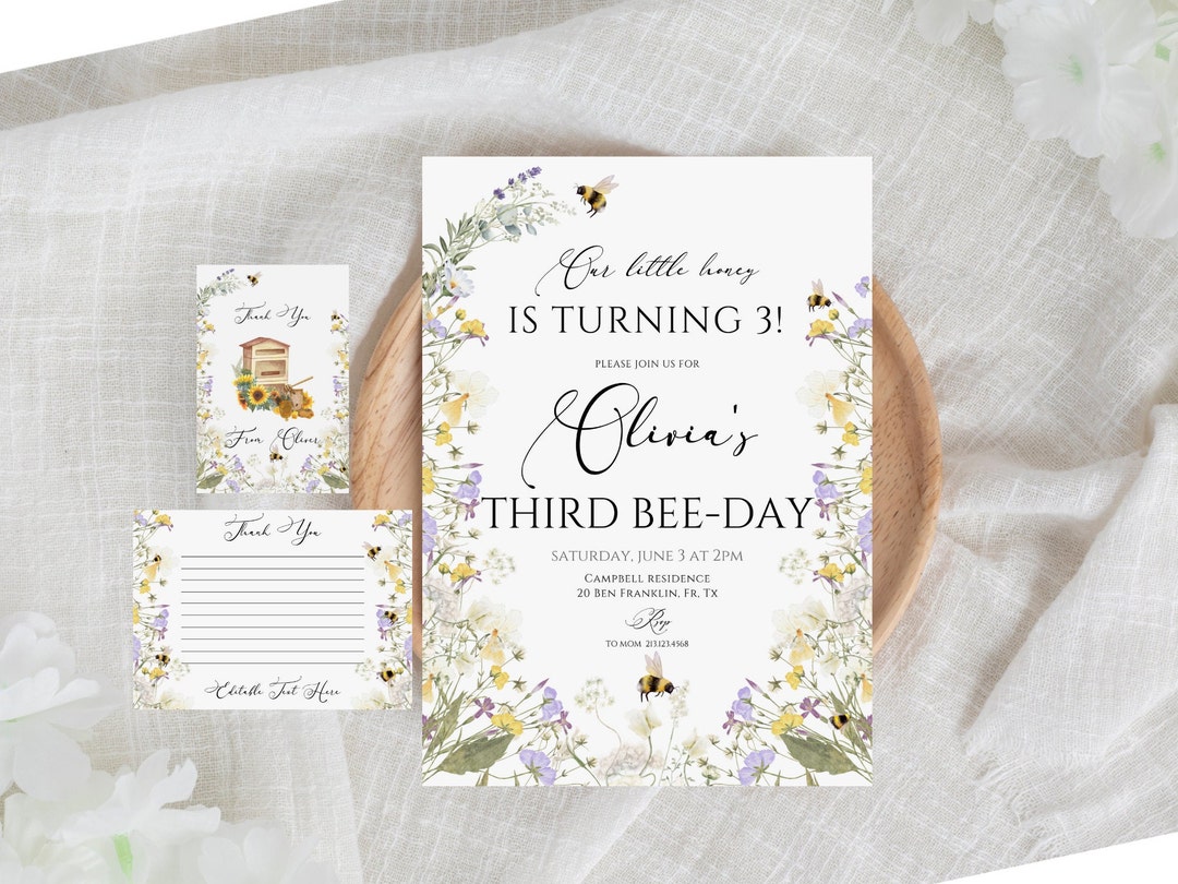 Honey Bee Third Birthday Invitation, Floral Bee 3rd Birthday Invite ...
