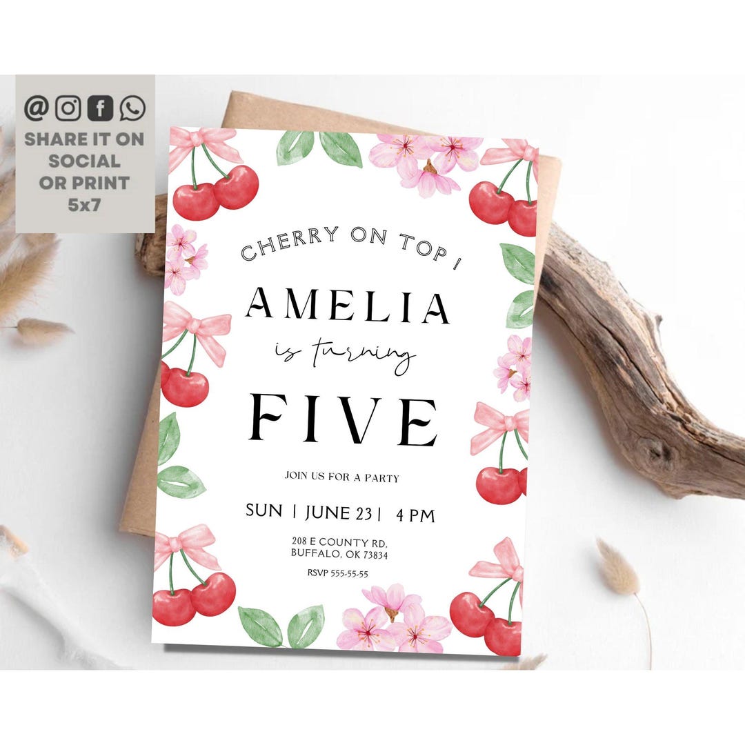 Cherry Birthday Invitation, Cherries Birthday Party Invite, Cherry on ...