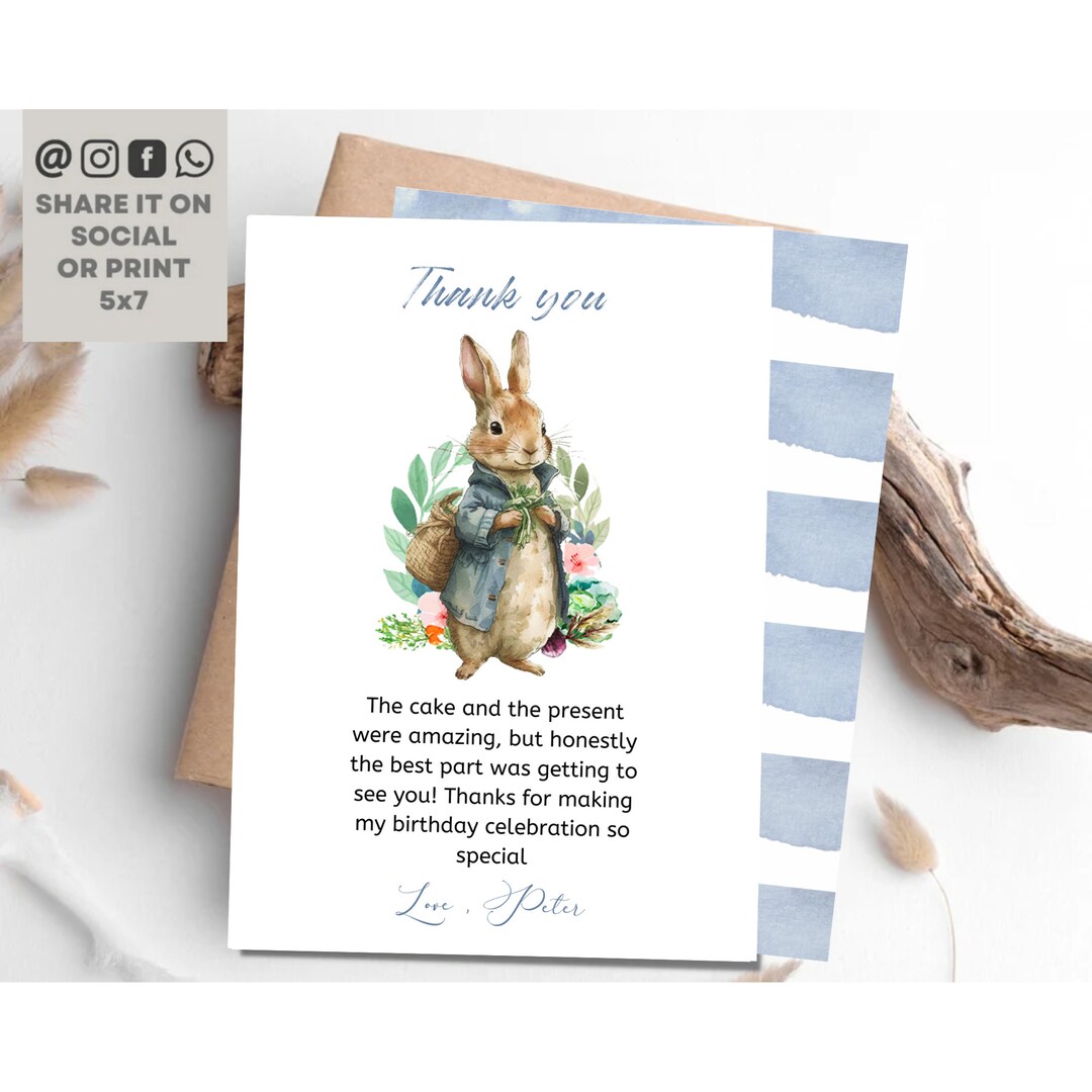 Peter Rabbit Birthday Thank You Card, Blue Boy Baby Shower Rustic Peter ...