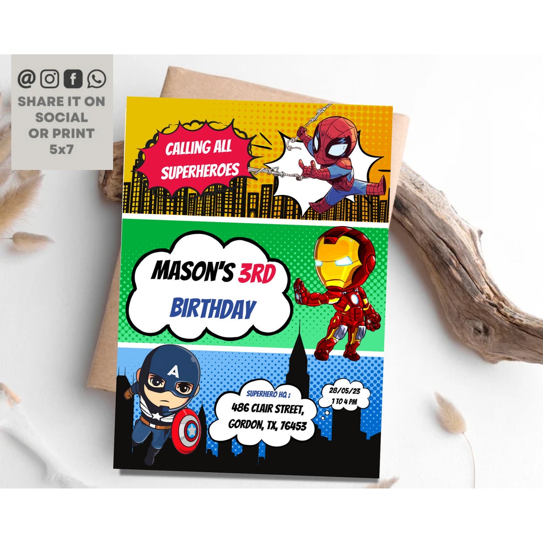 Superhero 3rd Birthday Invitation, Superheroes 3rd Birthday Invite ...