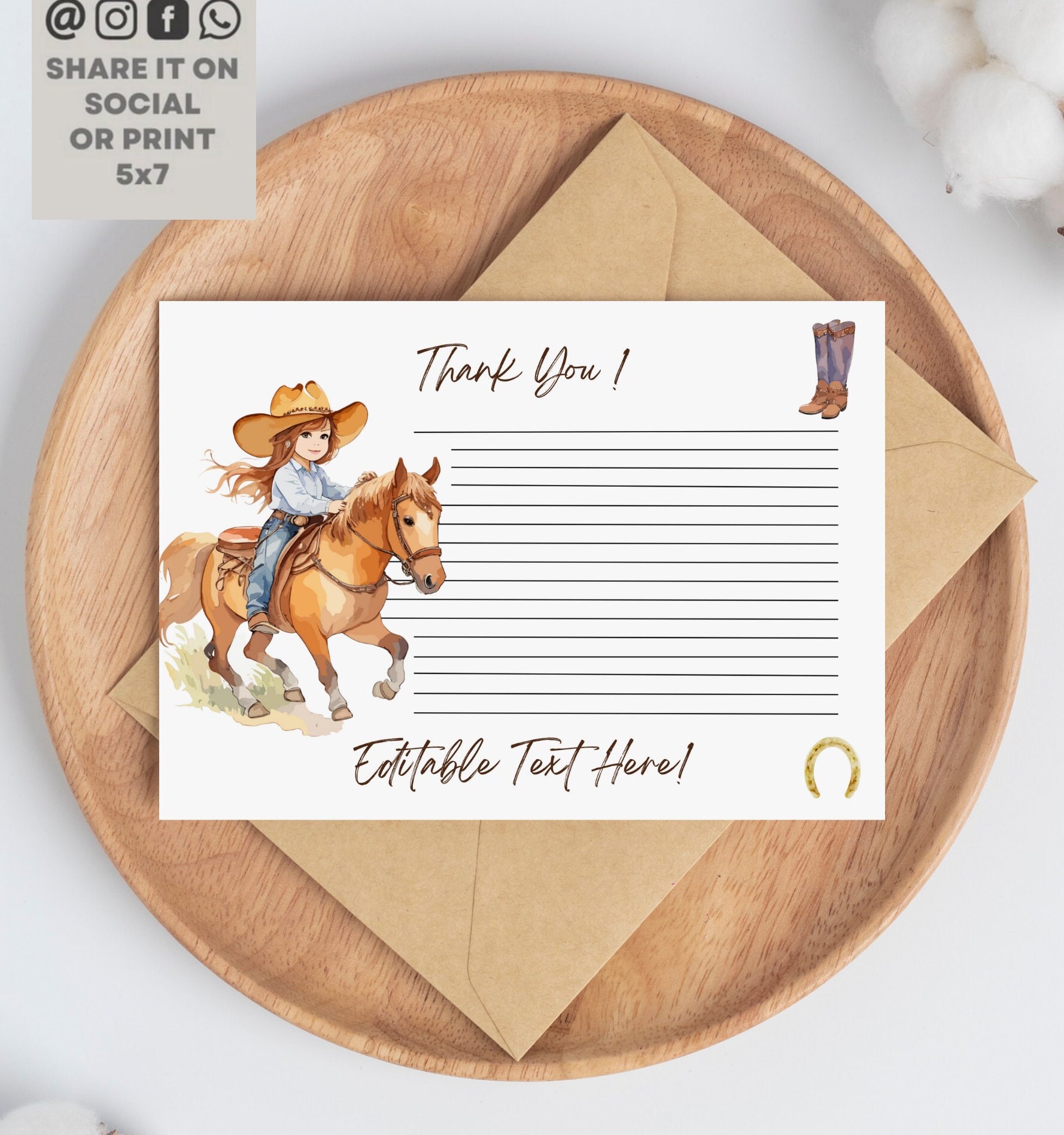 Horse Cowgirl Birthday Thank You Card, Horse Party Thank You Card, Girl ...