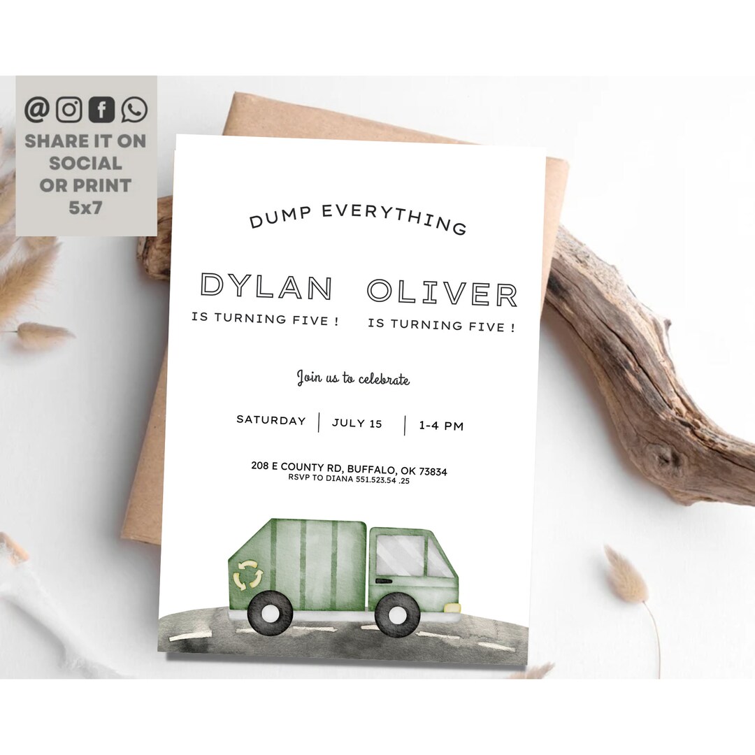 Garbage Truck Sibling Birthday Party Invitation, Garbage Truck Birthday ...