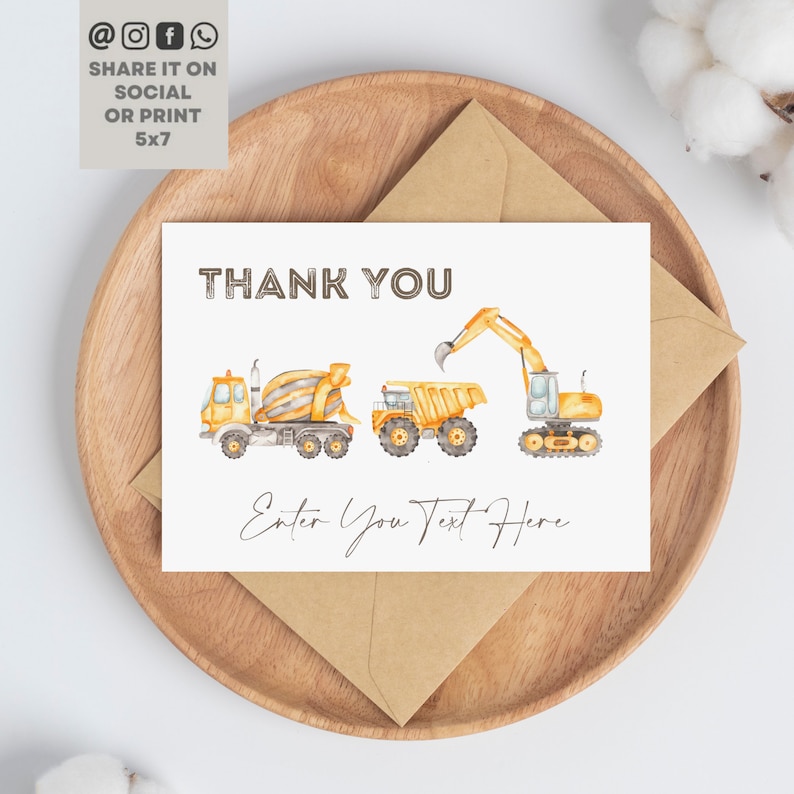 Construction Trucks Thank You Card, Construction Trucks Cards, Kids ...