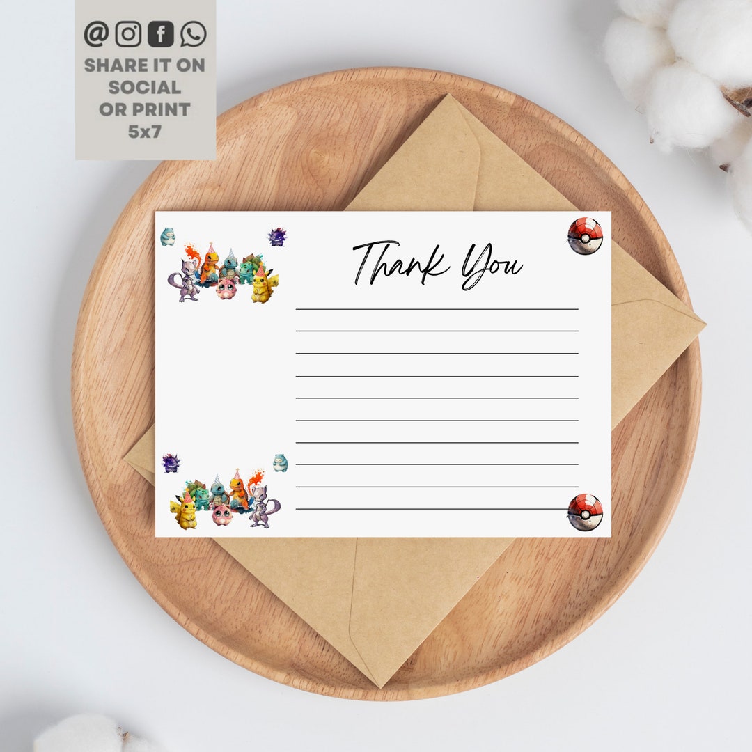 Pokemon Thank You Card, Pokemone Birthday Party Thank You Card, Pikachu ...