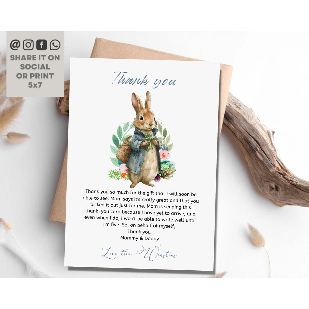 Peter Rabbit Baby Shower Thank You Card, Boy Blue Rustic Peter Rabbit ...