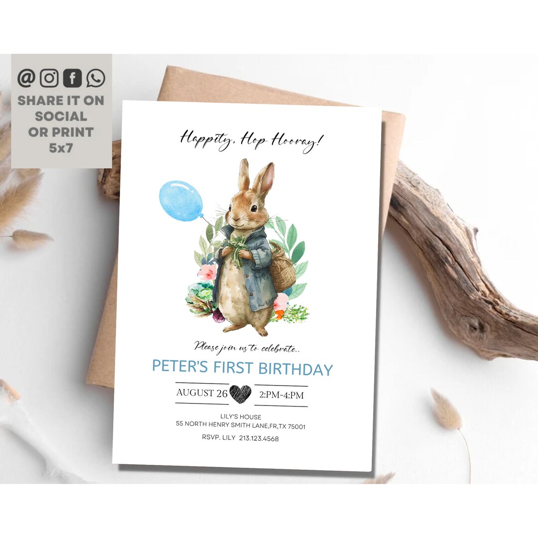 Peter Rabbit Birthday Invitation, Boy Blue Rustic Peter Rabbit 1st ...