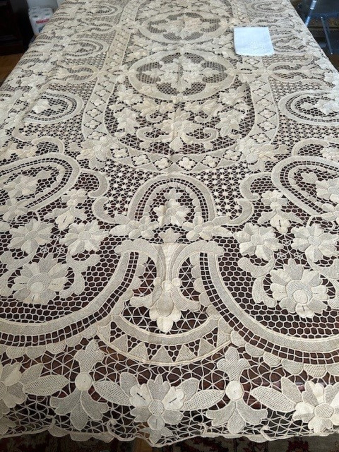 Beautiful GOLD Ecru Italian Point De Venise Handmade Lace Tablecloth ...