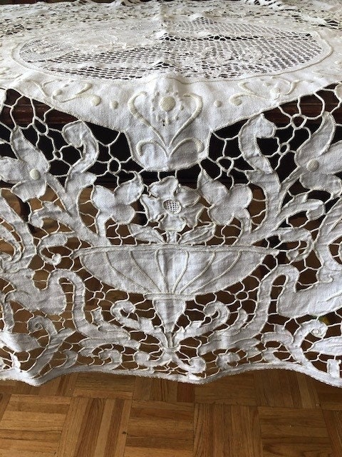 NEW PRICE Antique Madeira Cream White Embroidered Tablecloth 53X54 ...