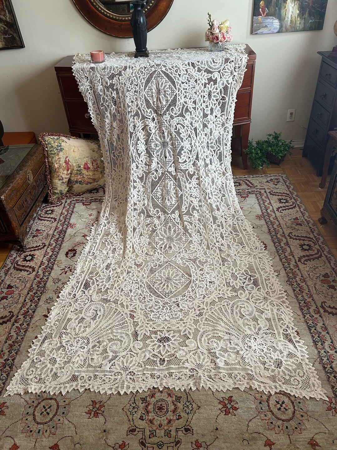 Antique Handmade BATTENBURG Lace Tablecloth 60X126 C1930-40. Soft Light ...