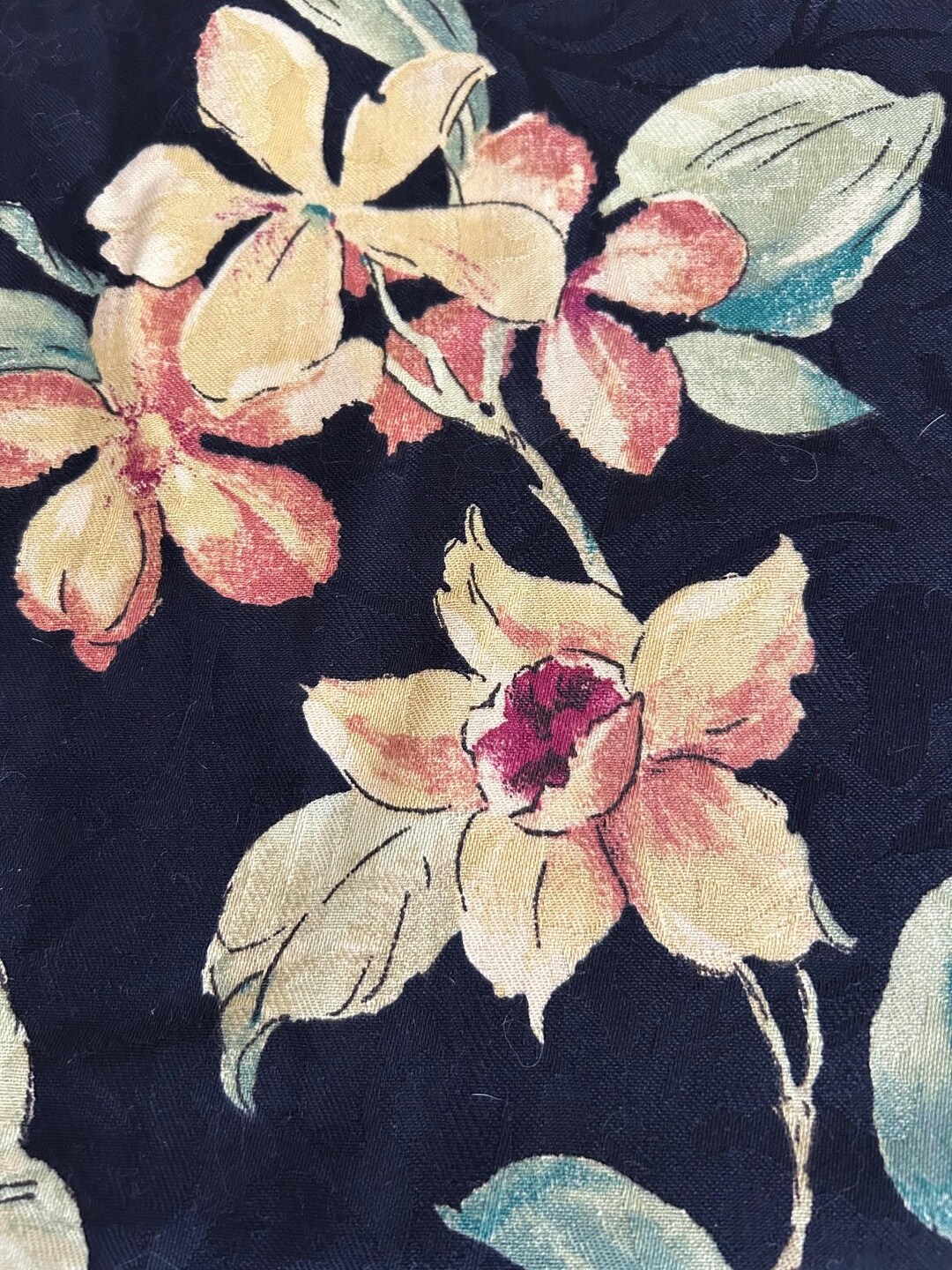 Stunning Barkcloth Intense Black Mustard Hibiscus Lime Leaves Measuring ...