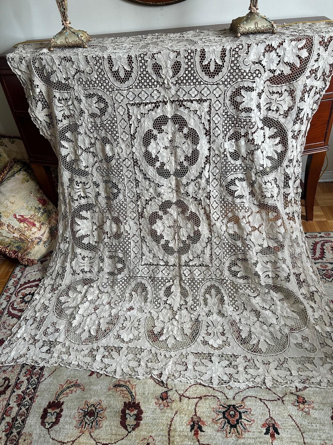 Vintage Point De Venise Lace Tablecloth, Ecru Handmade Needle Lace ...