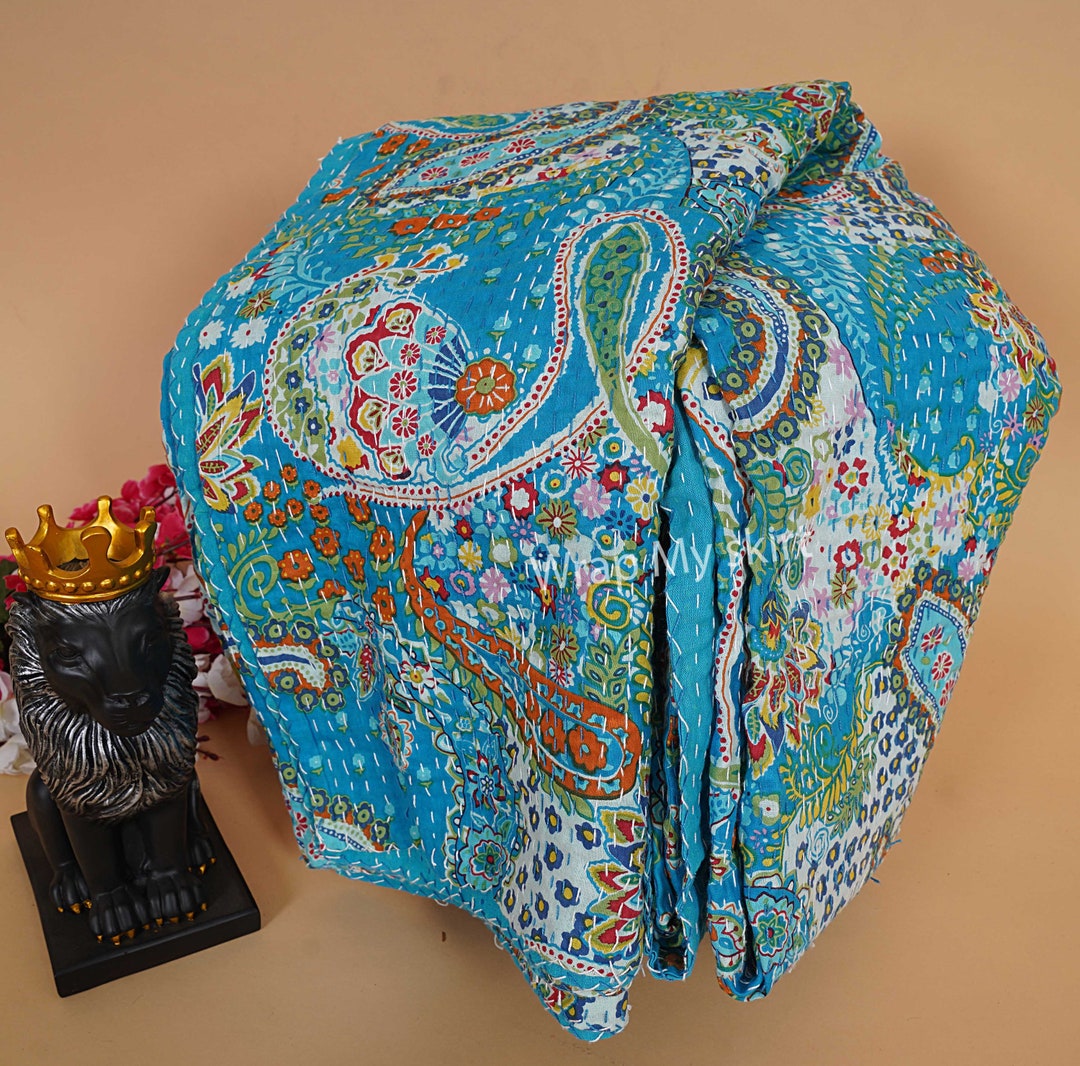 Bohemian Paisley Print Kantha Quilt Traditional Indian Quilt Handmade ...