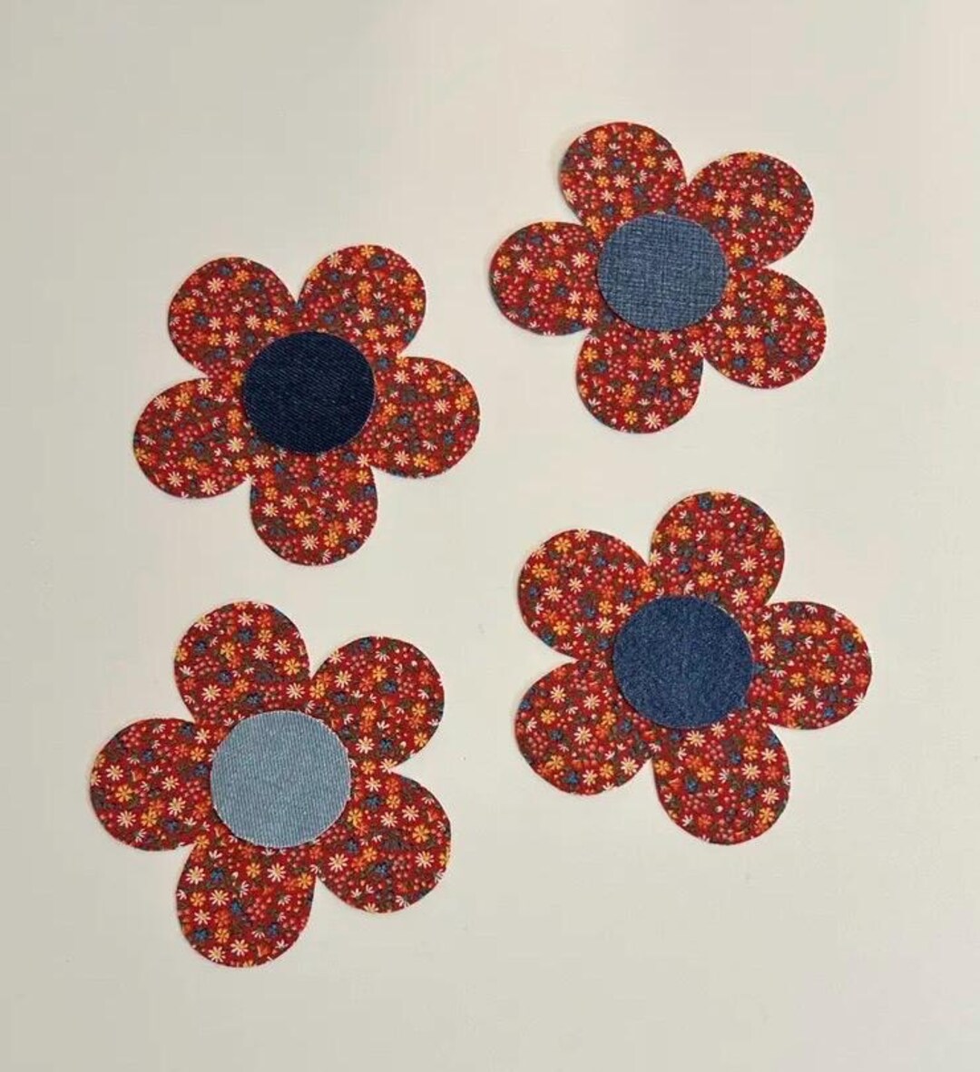 Fabric and Denim Flowers, 4 Sew on Flower Appliques for Quilting ...