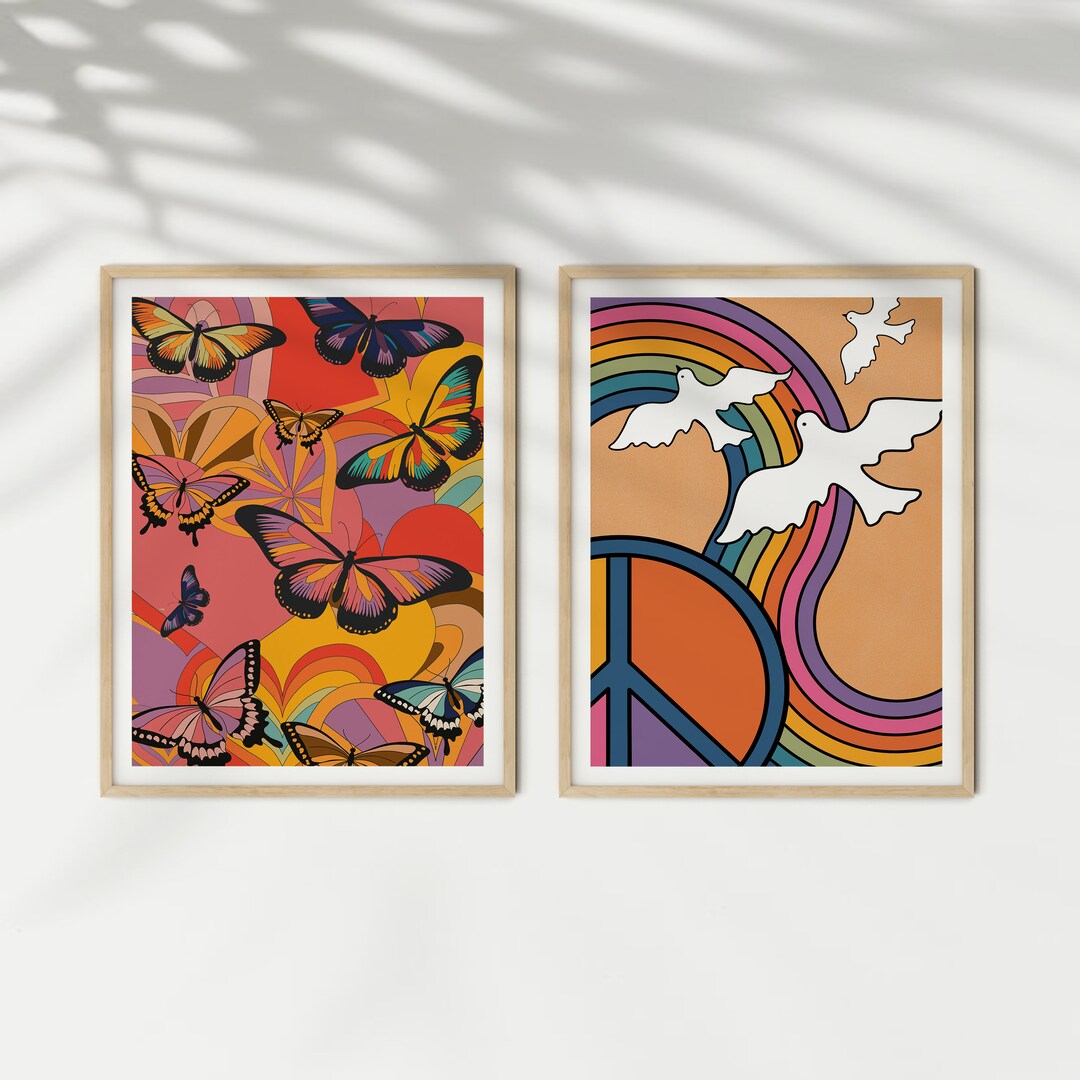 70s Decor Prints Set of 2, 70s Wall Art, Vintage Poster, Retro Rainbow ...